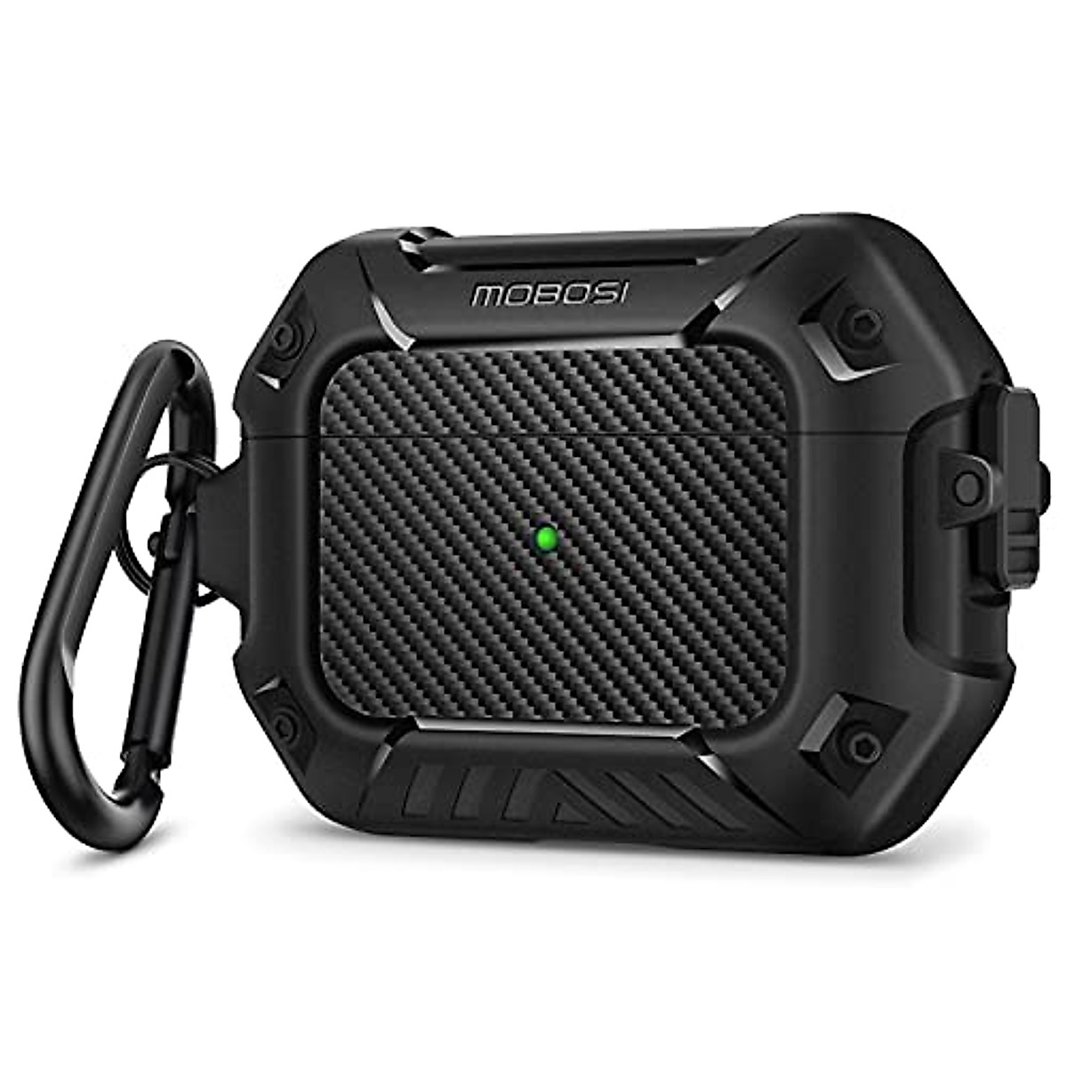 MOBOSI Compatible with AirPods Pro Case, Secure Lock Clip Full Body Shockproof Hard Shell Protective, Carbon Fiber Case Cover with Keychain for AirPod Pro (2019), Black