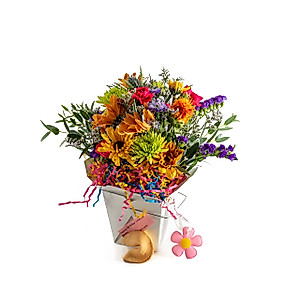 Birthday Blast Fresh Cut Live Flowers Arranged in a Takeout Container with your Personal Message Tucked Inside a Fortune Cookie