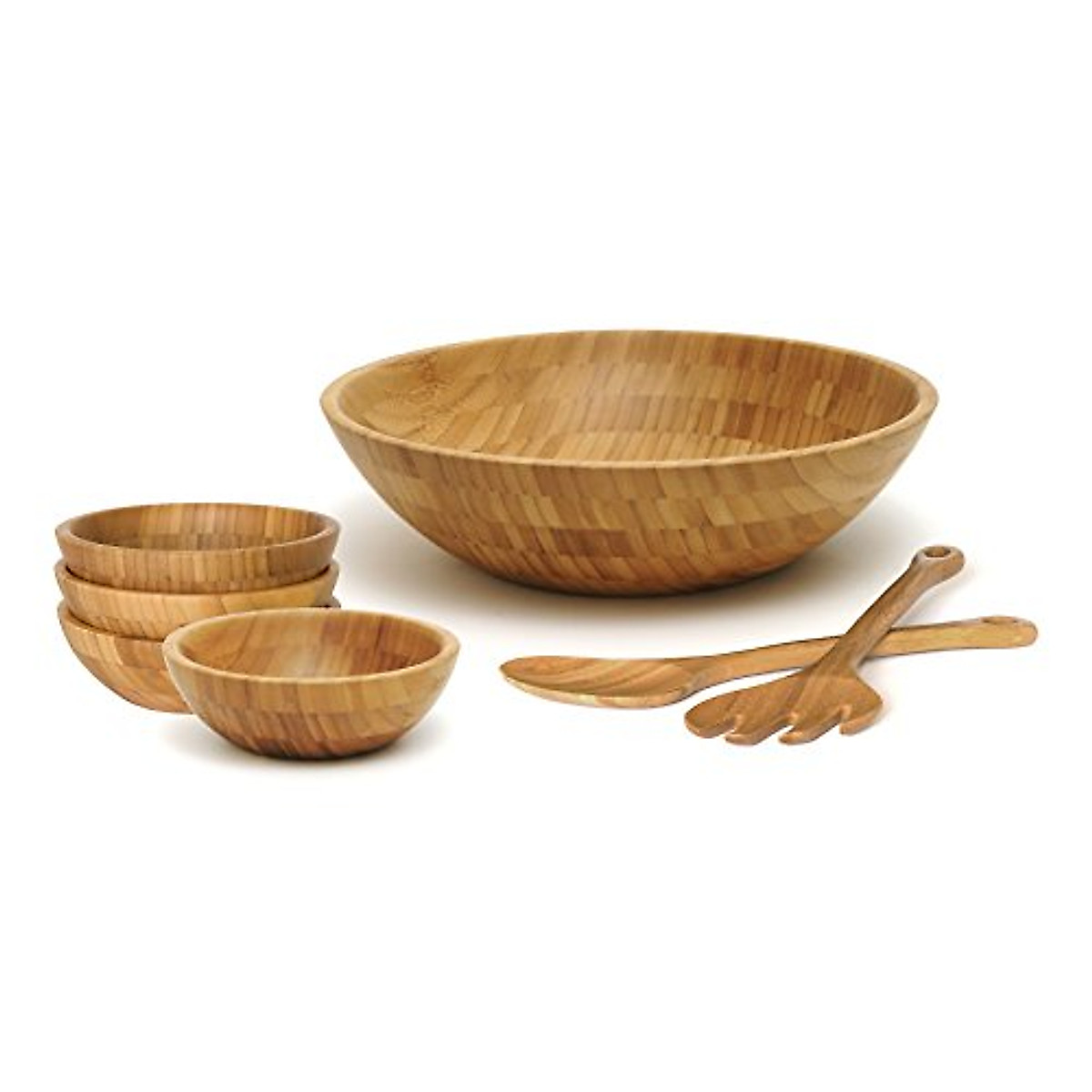 Lipper International Bamboo Wood Salad Bowls with Server Utensils, 7-Piece Set, Assorted Sizes