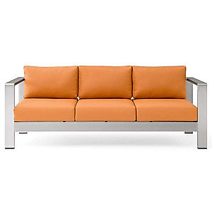 Modway Shore Aluminum Metal Outdoor Patio Sofa With Silver Orange All-Weather Cushions