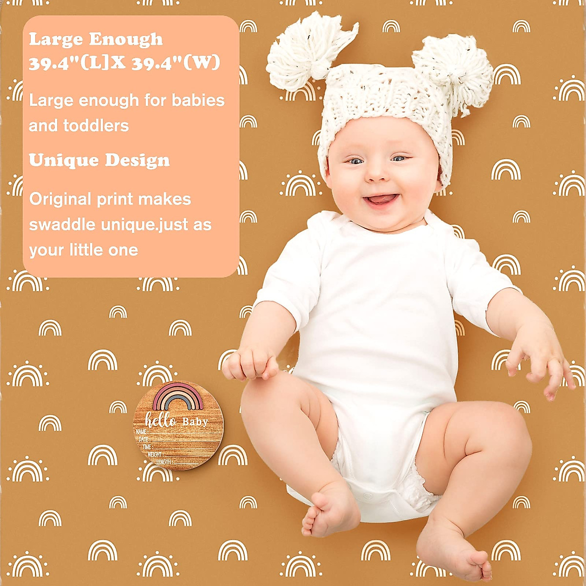 4 Pieces Light Yellow Rainbow Baby Swaddle Set Muslin Baby Swaddle Blanket Matching Hat Bow Headband Wooden Birth Announcement Card for Hospital Newborn Boy Girl 0-3 Months Receiving (40 x 40 Inch)