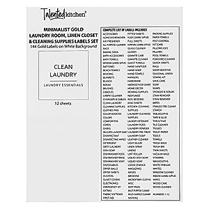 Talented Kitchen 144 Minimalistic Laundry Room Labels for Glass Jars, Preprinted Linen Closet Stickers for Containers, Bathroom Organization, Cleaning Supplies (Gold)