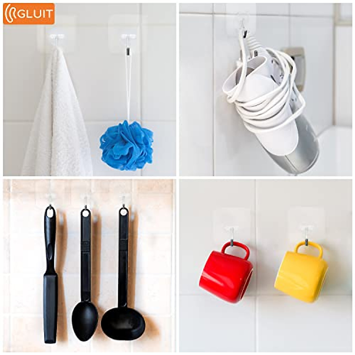 GLUIT Adhesive Hooks for Hanging Heavy Duty Wall Hooks 22 lbs Self Adhesive Sticky Hooks Waterproof Transparent Hooks for Keys Garage Outdoor Office Workshop Door Sticky Hook 12 Pack