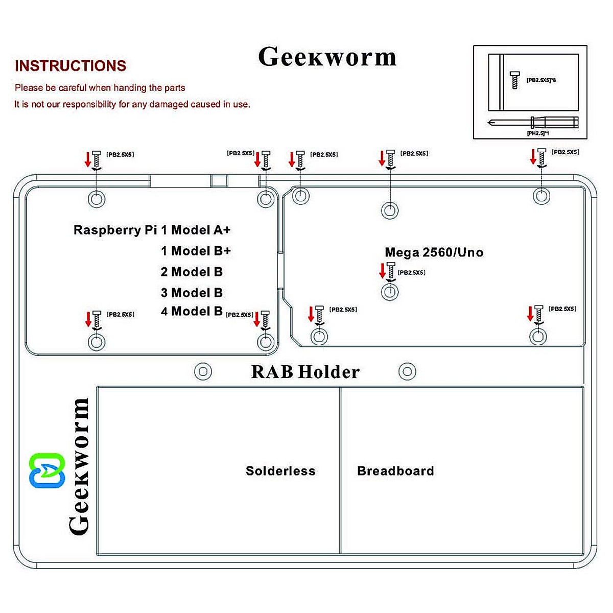 Geekworm for Raspberry Pi 5/4B/3B+/3B RAB Holder Platform Breadboard Holder Base/ABS Case/Education Platform Compatible with Arduino Uno R4/R3/UNO Mega 2560 & 400/830 Points Breadboard