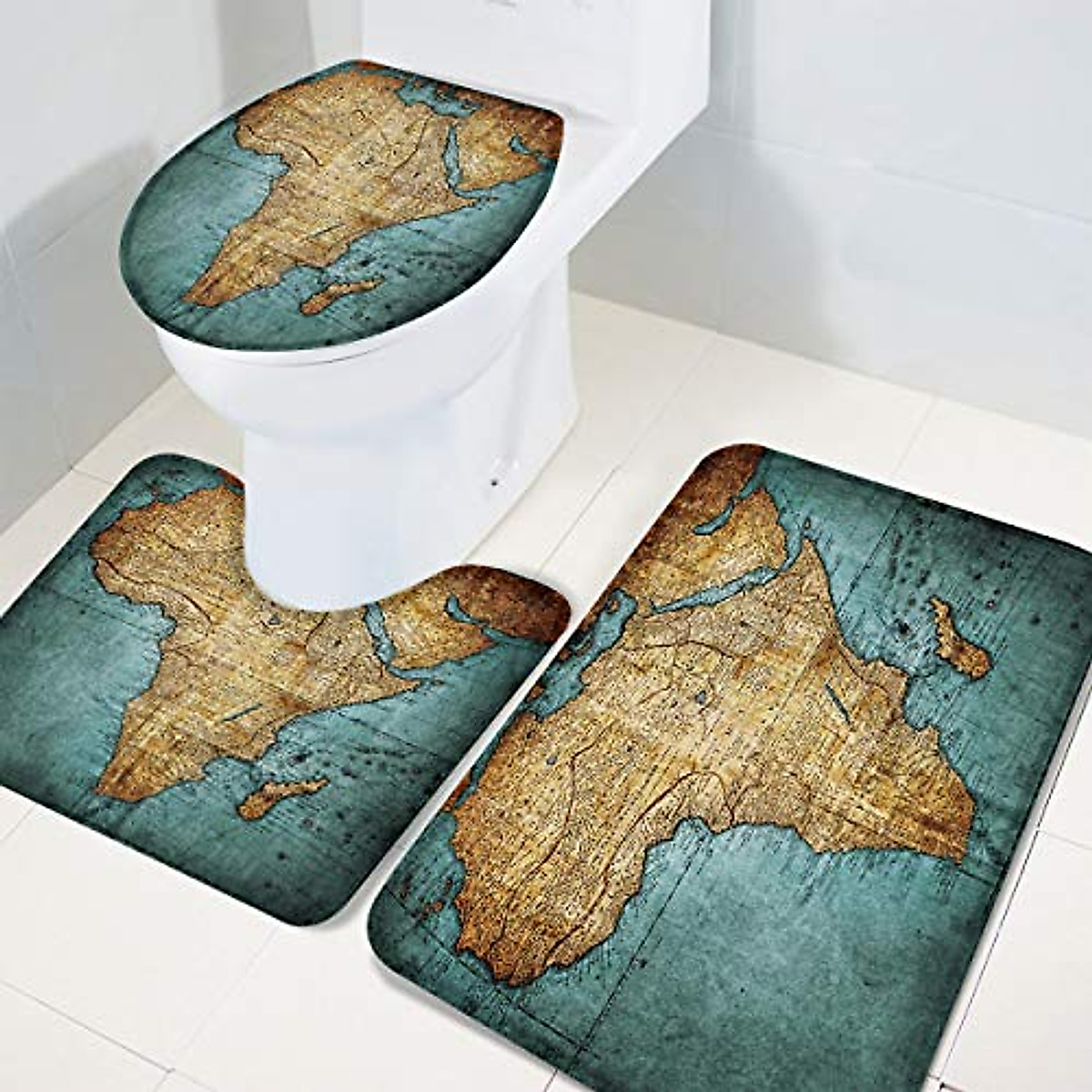3 Piece Bath Rugs Non-Slip Mat Set Vintage Brown and Green Africa Map Absorbent Carpet Mats Durable Contour Mat and Toilet Seat Cover for Tub Toilet Shower Bathroom