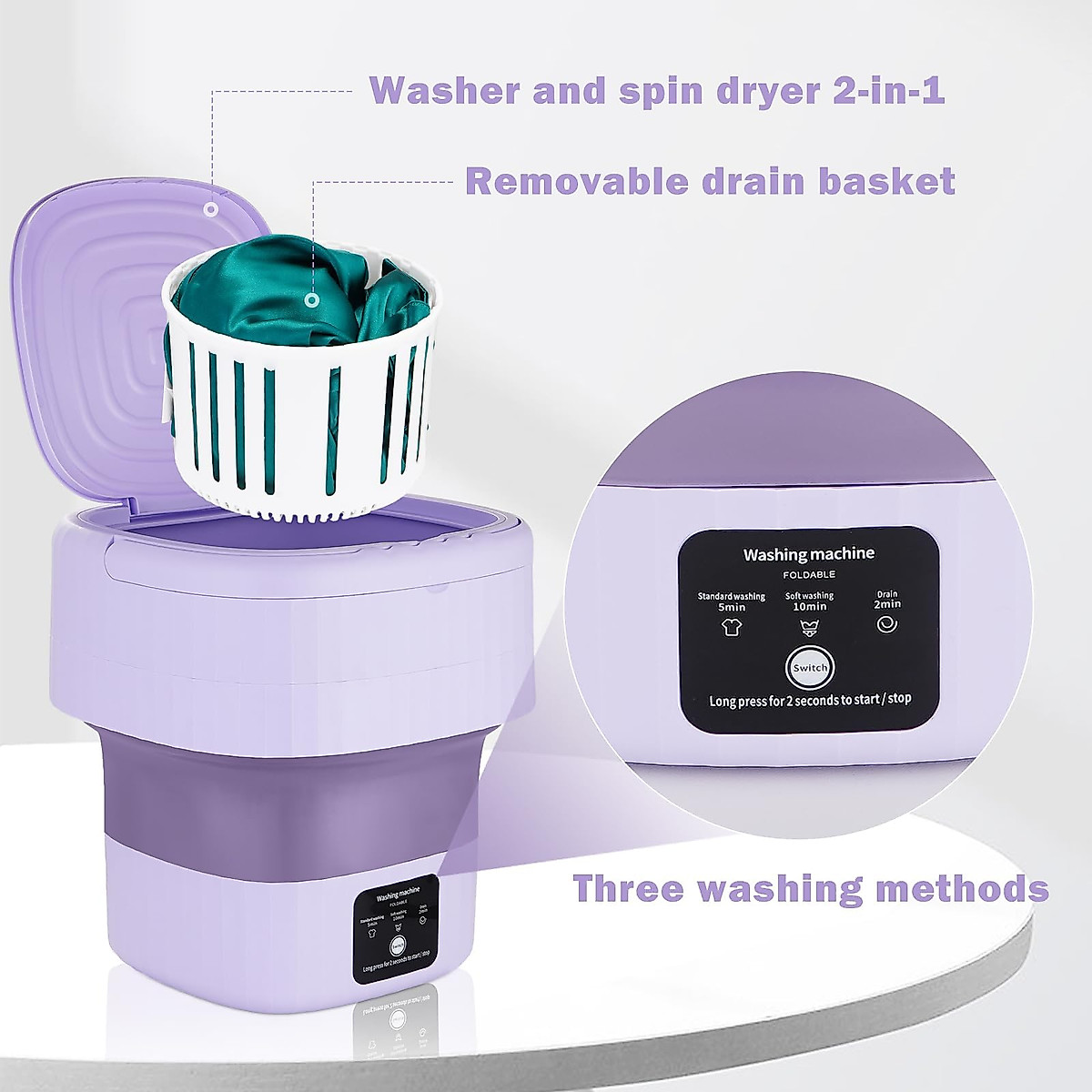 9L Portable Mini Washing Machine Small Portable Washer And Dryer Combo With Clip, Portable Washer Machine Foldable Design For Underwear, Baby Clothes, And Small Items, Ideal For Apartments (Purple)