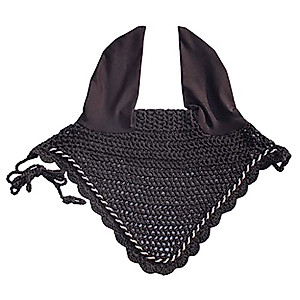 Horse Ear Bonnet Fly Veil Crochet Equestrian with Piping (Black)