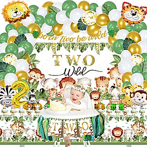 Two wild Birthday Decorations for Boys Girls, 159 Pcs Jungle Safari Theme Party Supplies for Baby - Two wild Backdrop, Cake, Cupcake Toppers, Cupcakes Wrappers, Balloons, Tablecloth, Palm Leaves,