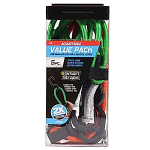 SmartStraps Adjustable Bungee Cords, 5 Piece Value Pack — Bungee Cords Distribute Load To Reduce Slipping — Secure Light Loads Such As Coolers, Luggage and Gas Cans