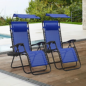 Magshion Set of 2 Outdoor Zero Gravity Chair Reclining Lounger with Sun Shade and Mesh Back, Cup Holder & Side Table, Support 300lbs, Blue