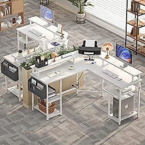 Aheaplus L Shaped Gaming Desk with Power Outlets & LED Lights, Computer Corner Desk with Monitor Stand and Storage Shelf, Home Office Writing Desk with Storage Bag, White