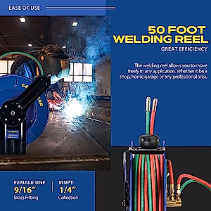 Goodyear Welding Hose Reel Retractable 1/4" Inch x 50’ Foot Twin Oxygen Acetylene Rubber Hoses STD Duty Max 300PSI Heavy Duty Industrial Single Arm Construction