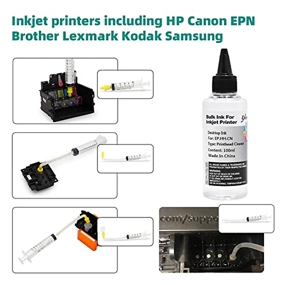 Printhead Cleaning Kit Compatible for Brother Epson HP Canon Nozzle Inkjet EcoTank Officejet Deskjet Pixma Printers-Liquid Printers Head Cleaning Suit Solution 100ml, 5ml Premium Syringe 1PK