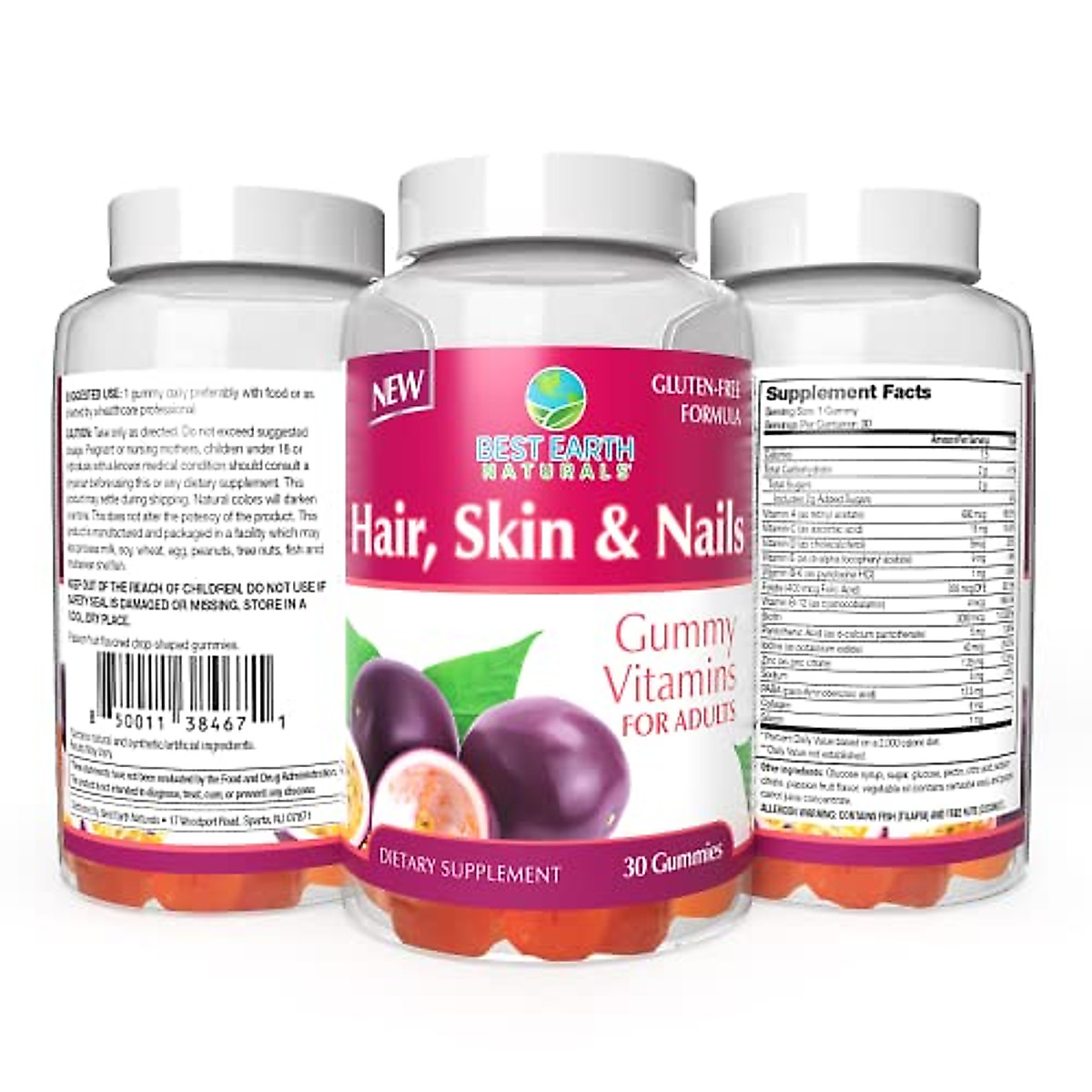 Best Earth Naturals Hair Skin & Nails Gummy Vitamins - Gluten Free, Delicious Gummies for Women & Men with Vitamins, Biotin, Collagen & More - 30 Count