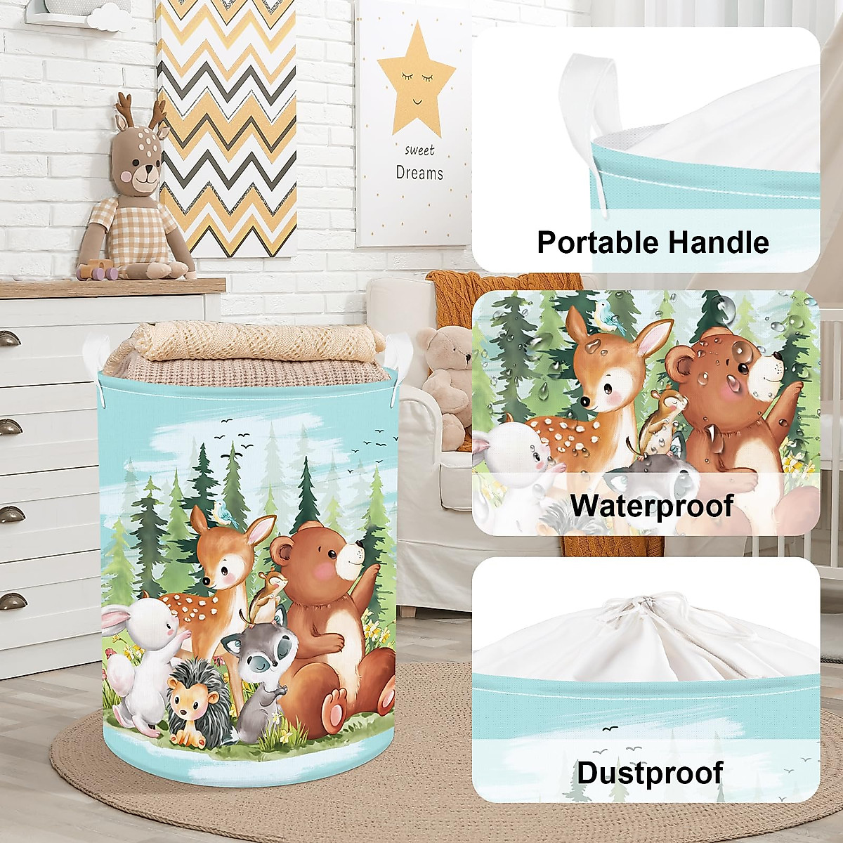 Clastyle 45L Large Blue Jungle Animal Fox Deer Kid Laundry Hamper with Handle Collapsible Rabbit Bear Hedgehog Clothes Toy Storage Basket with Lid for Nursery