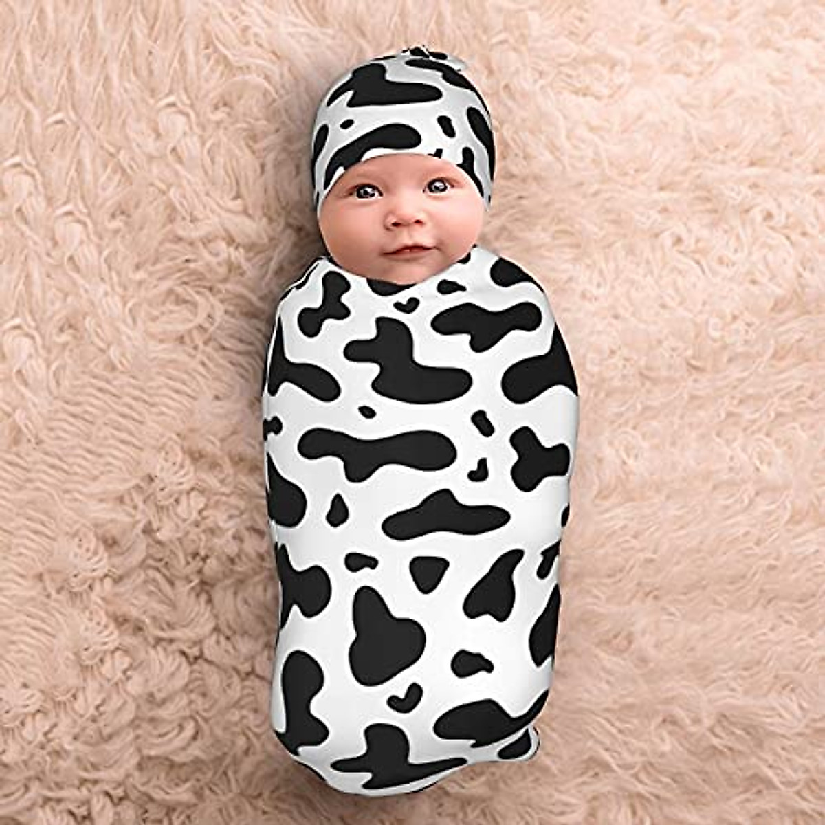 Belinyo Cow Print Newborn Swaddle Set Baby Receiving Blanket with Beanie Hat Infant Sleeping Bag for Girls Boys, One Size