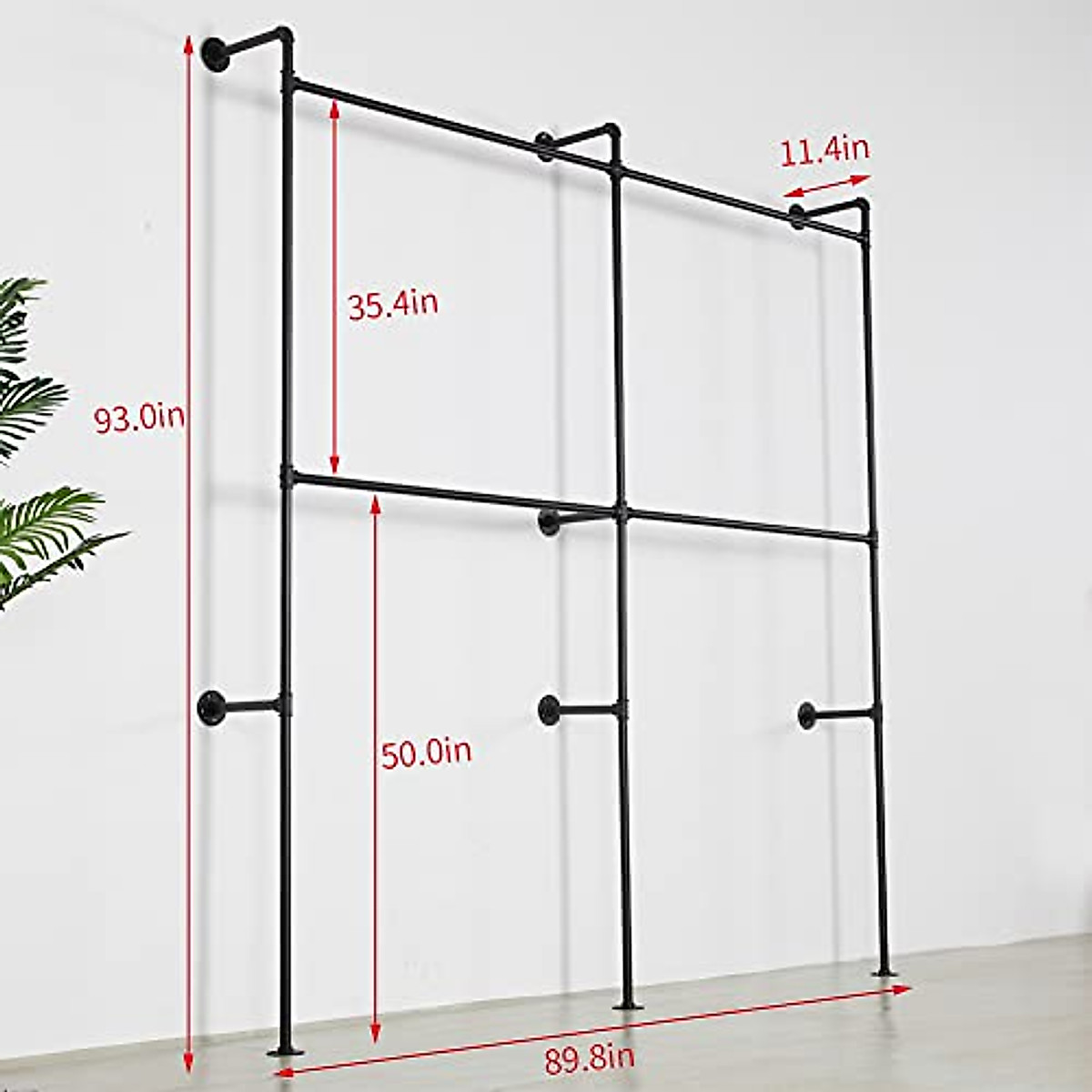 ZGZR Modern Simple Industrial Pipe Double Hanging Rods Clothing Rack, Display Stand Shelves Wall Mounted Garment Rack,Heavy Duty Detachable Garment Bar, 89.8in Black