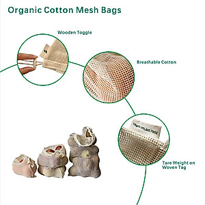 Organic Cotton Grocery Bag Value Bundle: Durable Washable Canvas Totes, Mesh Bags w/tare weight labels- 6pcs