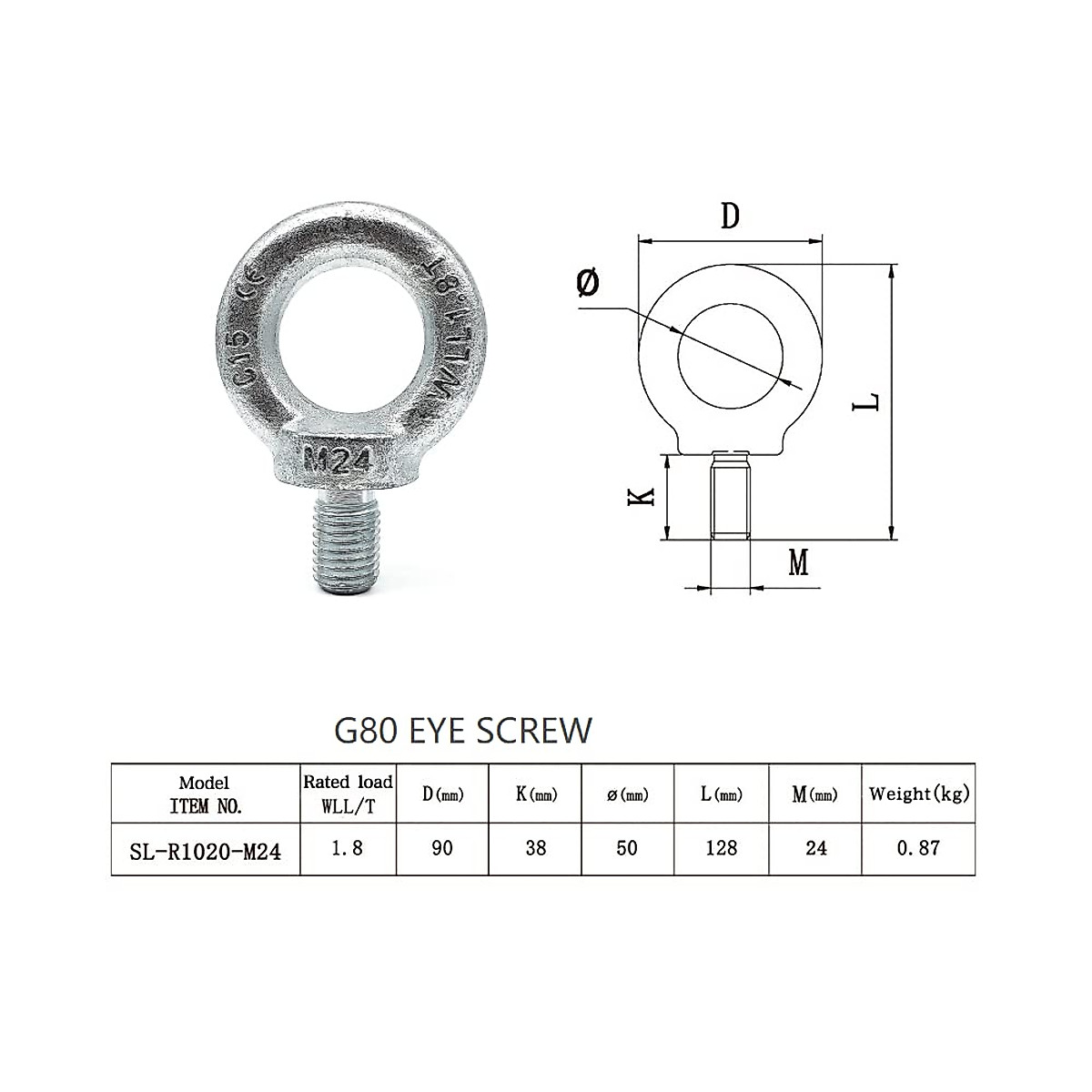 M24 Marine Grade Heavy Duty Male Thread Machinery Shoulder Lifting Ring Eye Bolt (M24) Surface Zinc Plated
