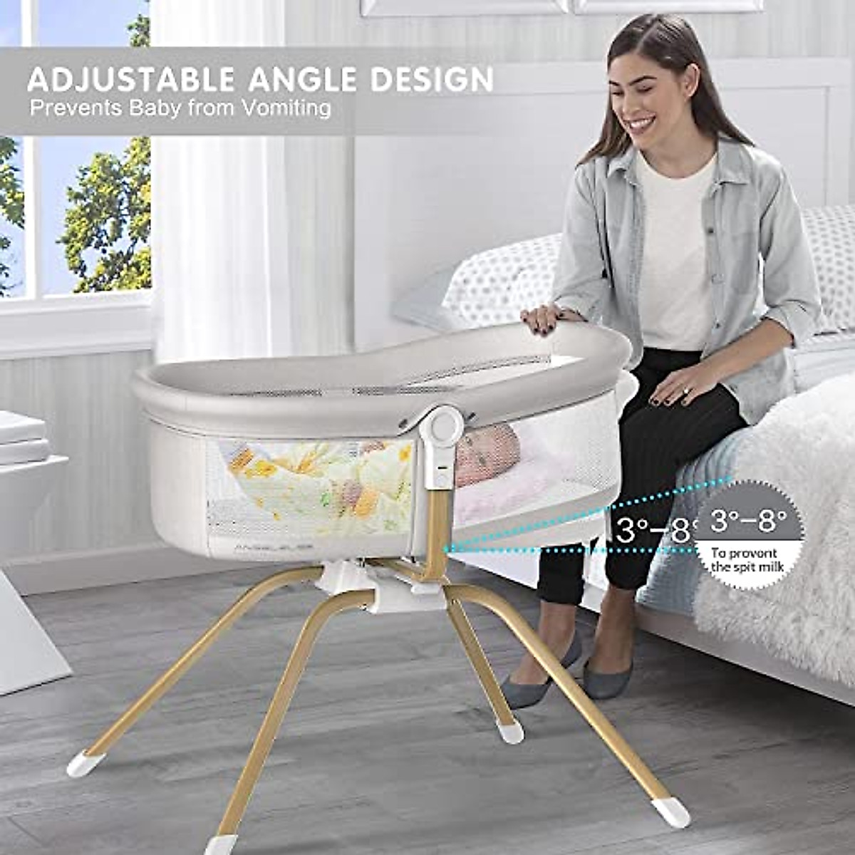 ANGELBLISS 3 in 1 Rocking Bassinet & Baby Bassinet Bedside Crib, One-Second Convert Travel Portable Bassinet Newborn Baby (White)