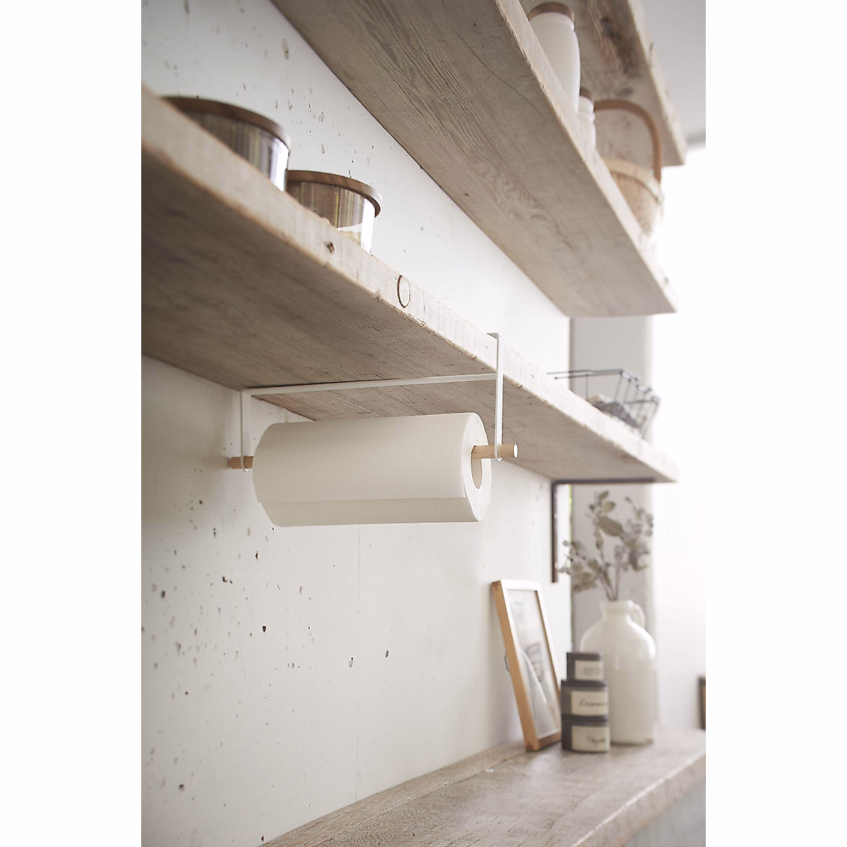 YAMAZAKI Home Under Shelf Paper Towel Holder-Cabinet Rack for Kitchen | Steel + Wood | Undershelf Solution, One Size, White