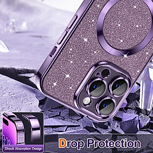 Hython for iPhone 14 Pro Max Case Glitter, Clear Magnetic Phone Cases with Camera Lens Protector [Compatible with MagSafe] Bling Sparkle Plating Soft TPU Slim Shockproof Protective Cover Women-Purple