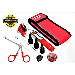 Premium Student Home Use Led Bright Light ENT Diagnostic Otoscope Pocket Size Red Plus Alligator Ear Nose Forceps Plus 1 Extra Replacement Bulb Cynamed