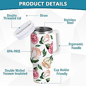 Adornlife Flower Pink Rose 30 oz Tumbler with Handle and Straw Lid, 100% Leak-proof Travel Coffee Mug, Stainless Steel Insulated Cup For Beverages, Cupholder Friendly