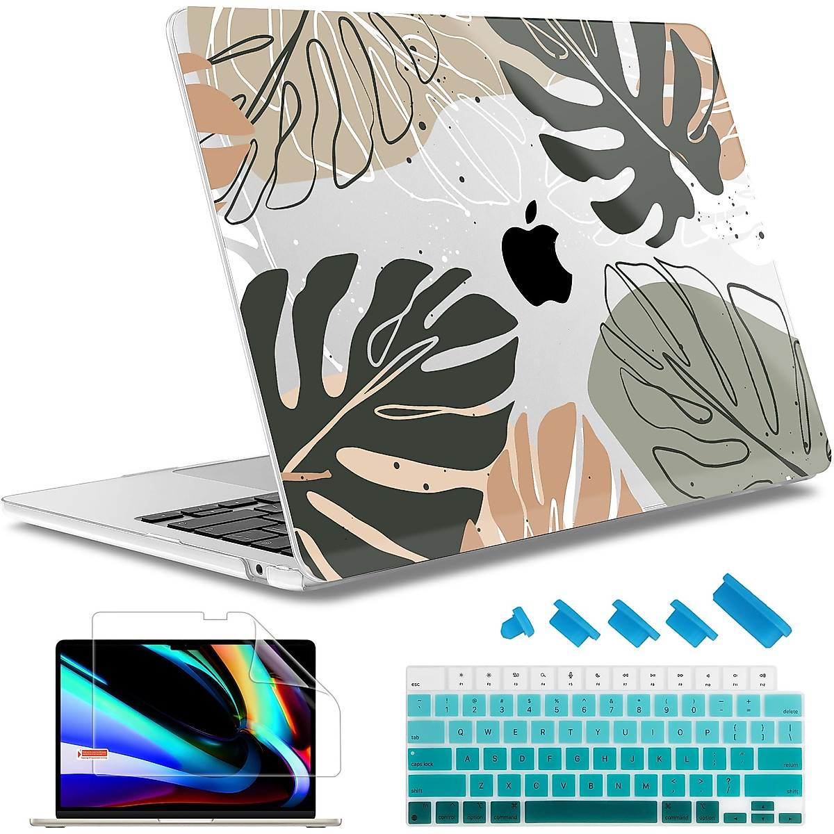 May Chen Compatible with MacBook Air 15 Inch Case Model A2941 M2 A3114 M3 Chip 2023 2024 Release, Protective Cover Laptop Hard Case with Keyboard cover, Abstract Leaves