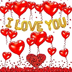 kortes I Love You Balloons and Heart Balloons Kit with Rose Petals, Valentines Day Decorations for Party