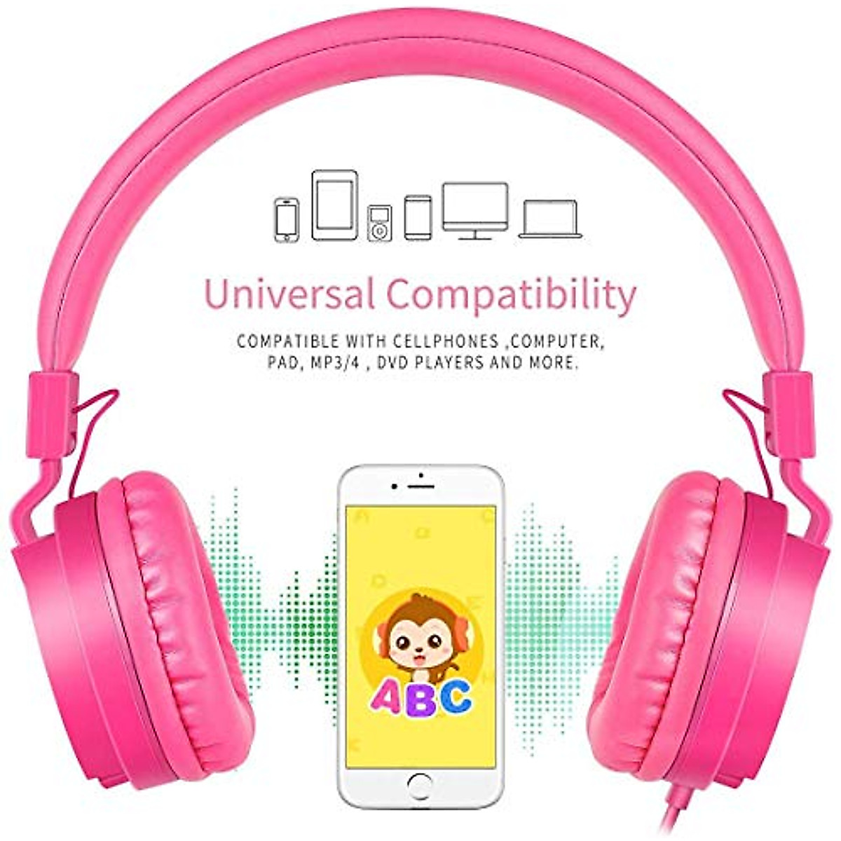 gorsun Kids Headphones, Lightweight Stereo Wired Toddler Headphones, Adjustable Headband Children's Headset for Smartphones Computer Pad Earphones(Pink)