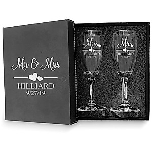 Krezy Case Mr and Mrs Wedding Toasting Champagne Flutes with Box, Set of 2 Glasses With Black Box, Laser engraved Tosting Flutes Engraved Personalized Glasses for Bride and Groom