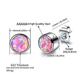 VOJO G23 Titanium Cubic Zirconia Opal Birthstone Tiny Stud Earrings for Women Sensitive Ears Hypoallergenic Earring Studs Jewelry Gifts (6mm, Opal Pink)