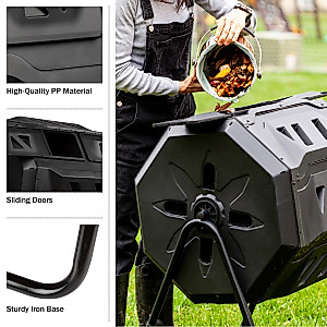 Compost Tumbler - 43Gal Compost Bin with Dual Chambers, 360-Degree Rotating Design, and Garden Gloves Included - Homesteading Supplies by Pure Garden