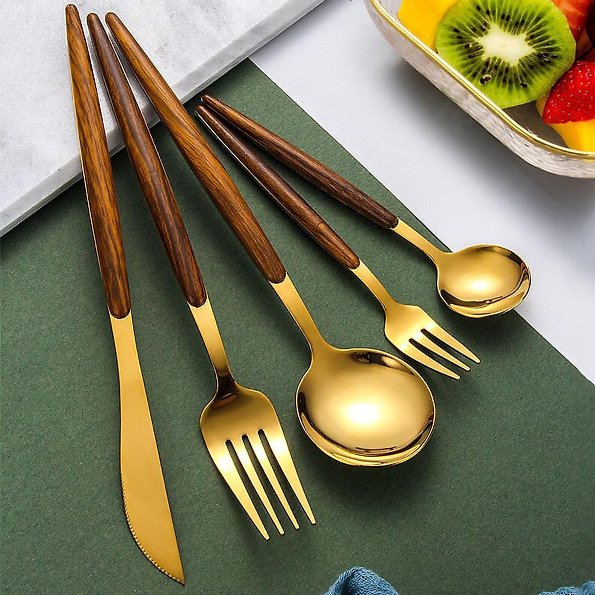 Aimilan 20 Piece Gold Silverware Set for 4, Imitation Wooden Handle Flatware Cutlery Set for Home Kitchen Restaurant, Mirror Finish, Dishwasher Safe (20-Piece for 4)