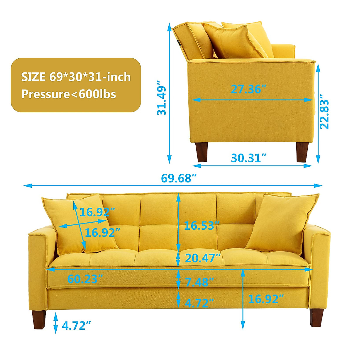 mikibama Linen Sofas Couchs for Living Room Grid Tufted Loveseat Sofa Padded 2 Seater Bedroom Couch Soft Comfy Sofa Bed for Small Space Apartment with Solid Wood Legs (Beige)