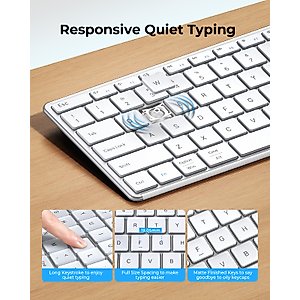 Wireless Bluetooth Keyboard and Mouse Combo (USB + Dual BT), seenda Multi-Device Rechargeable Slim Keyboard and Mouse, Compatible for Win 7/8/10, MacBook Pro/Air, iPad, Tablet - White Silver