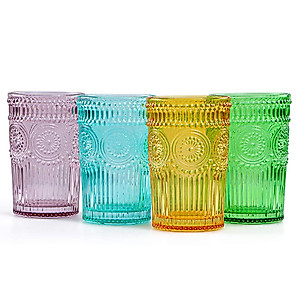 MDLUU Colored Glassware, Multicolor Drinking Glasses, Embossed Water Glasses, Colored Tumblers Glass, Capacity 12oz/345ml, Set of 4