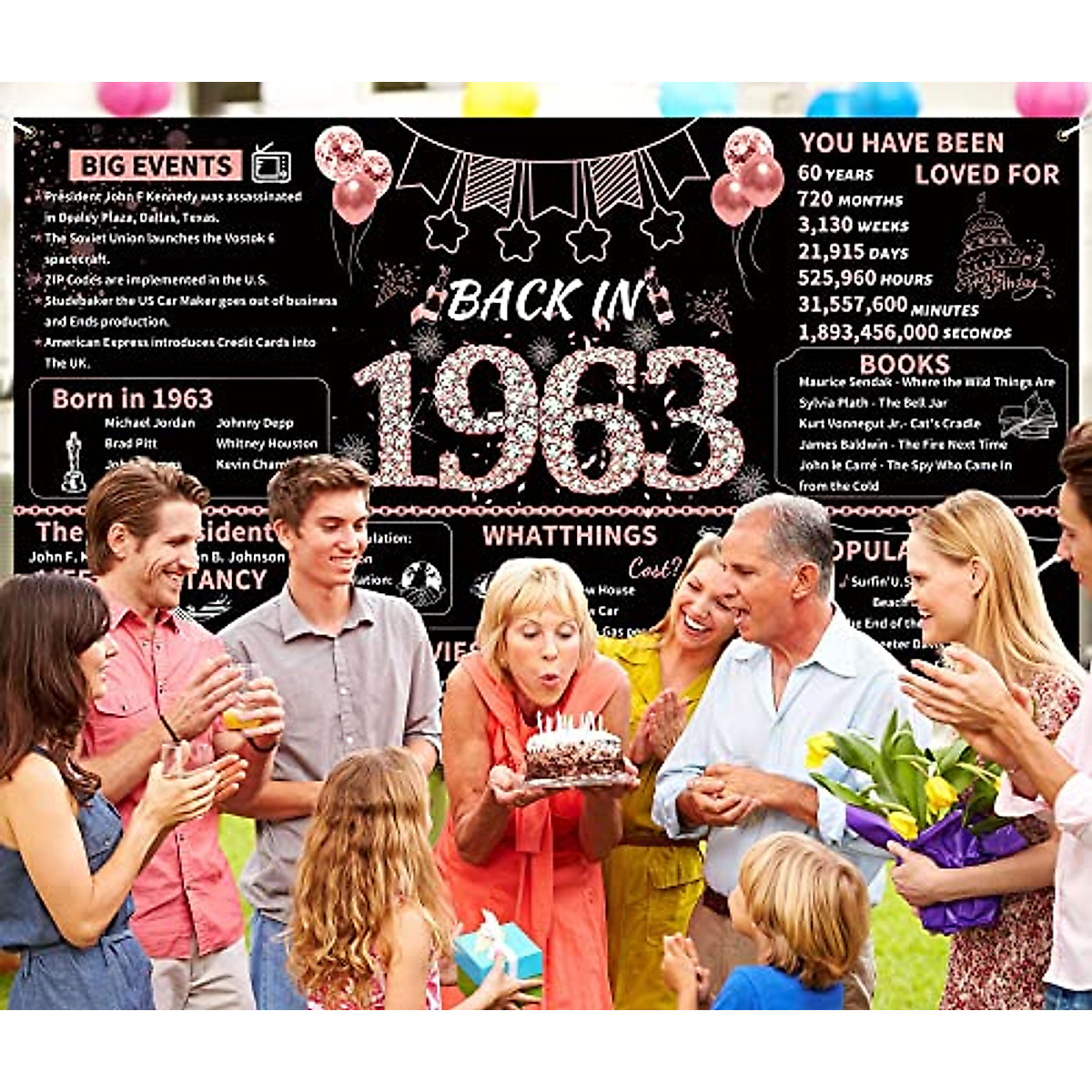 ArtAubrey Rose Gold 61th Birthday Party Banner, 61th Birthday Decorations for Women, Back in 1963 Backdrop Party Supplies, 61 Year Old Photography Background