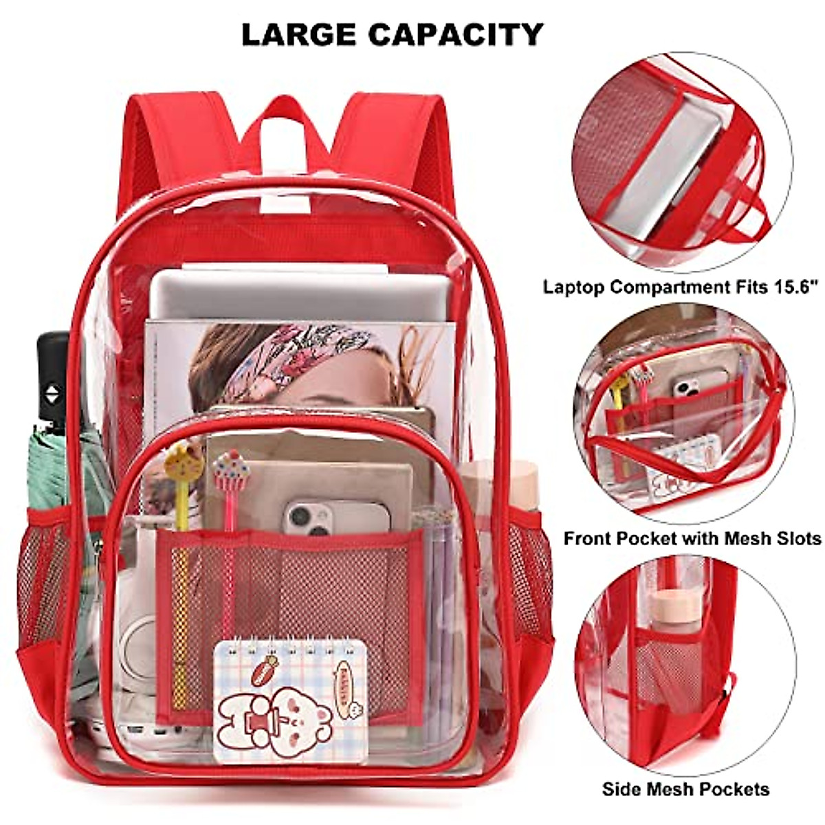 Dezcrab Clear Backpack School Backpack Bookbag for Girls Boys Women Men, Heavy Duty See Through Transparent Backpacks (Red)