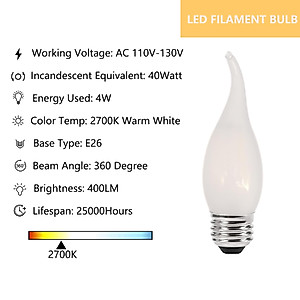 Sunaiony E26 Frosted Candelabra Bulb 40 Watt Equivalent LED Chandelier Light Bulbs, 2700K Warm White Medium Base 4W Dimmable LED Candle Light Bulbs, Frosted Glass Flame Tip Shape,6 Pack