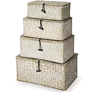 Woanger Set of 4 Seagrass Basket with Lids Rattan Wicker Storage Basket Handwoven Decorative Storage Boxes with Lids Multipurpose Woven Basket Bins for Shelf Closet (White)