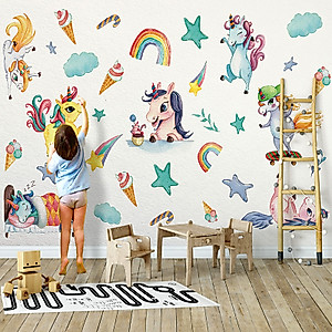 Maydahui Cartoon Unicorn Wall Decals Stickers Rainbow Cloud Candy Ice Cream Vinyl Decals (41*41 Inch) Peel & Stick Removable Girls Bedroom Art Murals Decor for Baby Kids Room Nursery Christmas Gifts