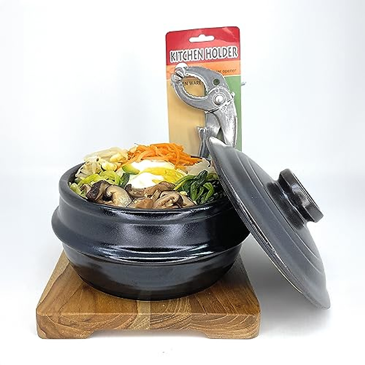 JOVELY Korean Cooking Premium Ceramic Stone Bowl(Dolsot or Ddukbaegi) Diameter 6.3'' High 2.95'' Sizzling Hot Pot for Korean food such as Bibimbap and Soup (with Lid, Wood Tray and Bowl Tongs Set)