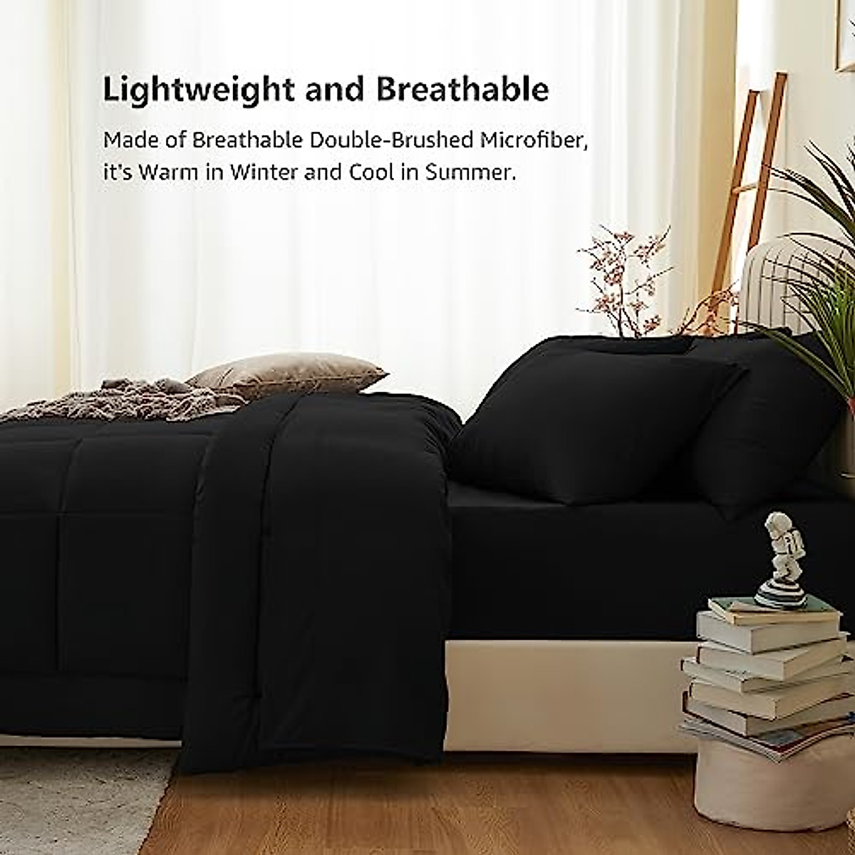 CozyLux Queen Comforter Set - 7 Pieces Bed in a Bag Set Black, Bedding Sets Queen with All Season Quilted Comforter, Flat Sheet, Fitted Sheet, Pillowcases, Black, Queen