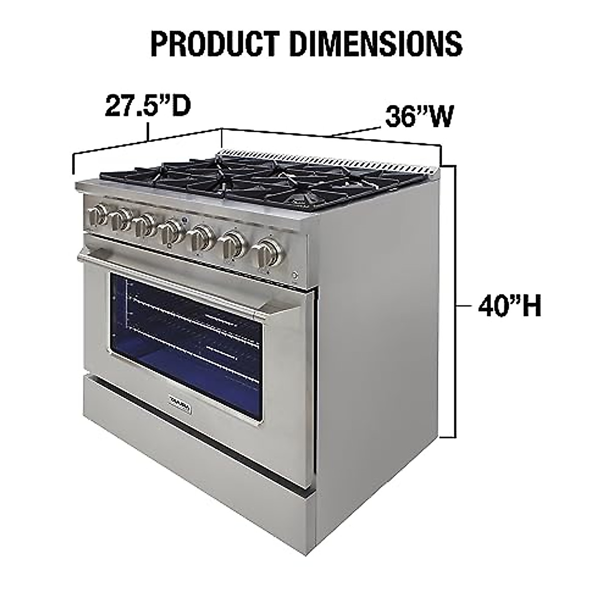 DUURA Elite DE360GRSSS Gas Range Cooktop 36-Inch with Porcelain Convection Oven and Broil Function, 6 Sealed Burners and Continuous Grates with Stainless Steel Construction, Silver