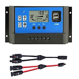60A Solar Charge Controller Solar Panel Charger Controller 12V/24V, Adjustable LCD Display with 5V Dual USB Timer Setting with 2 PCS Solar Connectors Y Branch Parallel Adapter Cable for Solar Panel