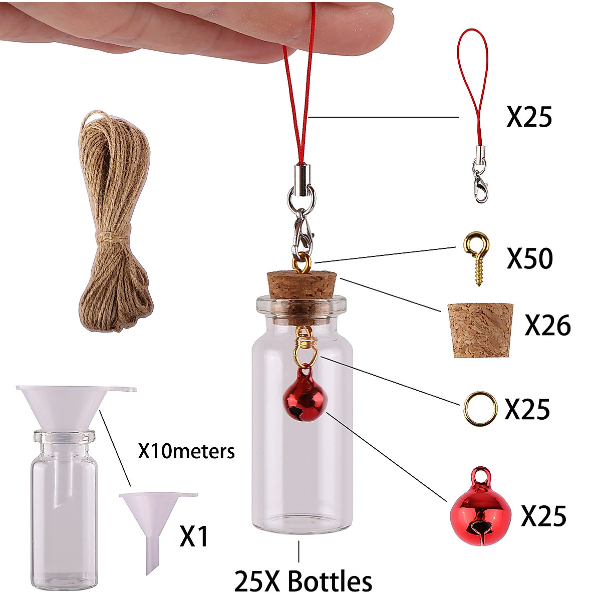 maxmau 25pcs Small Glass Bottles with Cork Stoppers DIY Art Craft Storage 10ml Mini Glass Vials,Tiny Jars for Wedding Party Favors Home Decoration with Connection Accessories Twine Bell