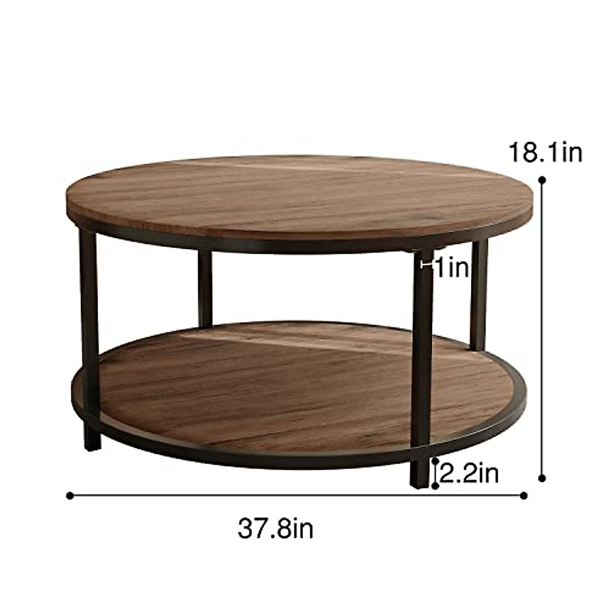 NSdirect 36” Round Coffee Table, Rustic Wooden Surface Top & Sturdy Metal Legs Industrial Sofa Table for Living Room Modern Design Home Furniture with Storage Open Shelf (Dark Walunt)
