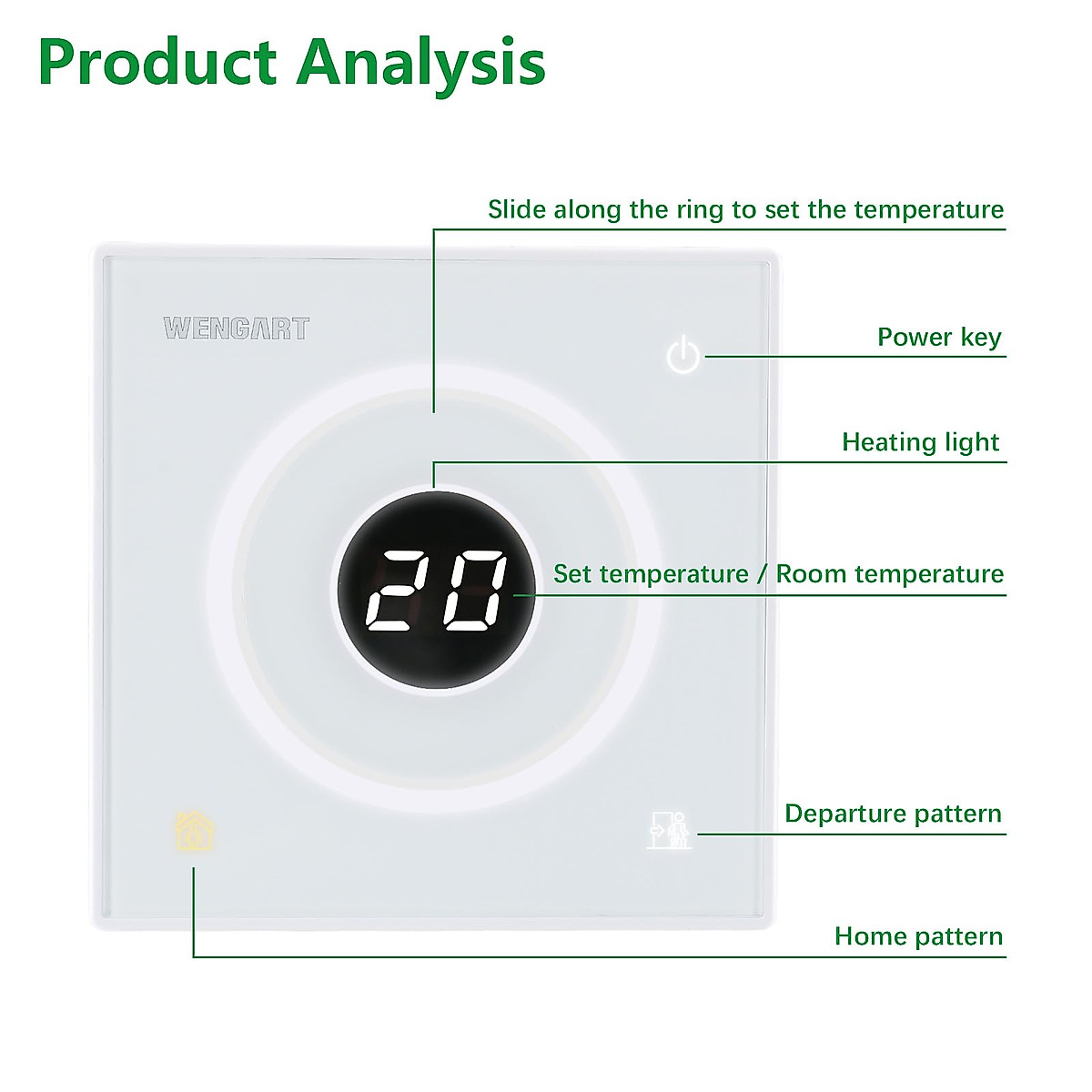 Wengart Heat Only Thermostat WG502,Line Voltage 120v 3A Touch Screen for Floor Heating Link Gas Boiler White
